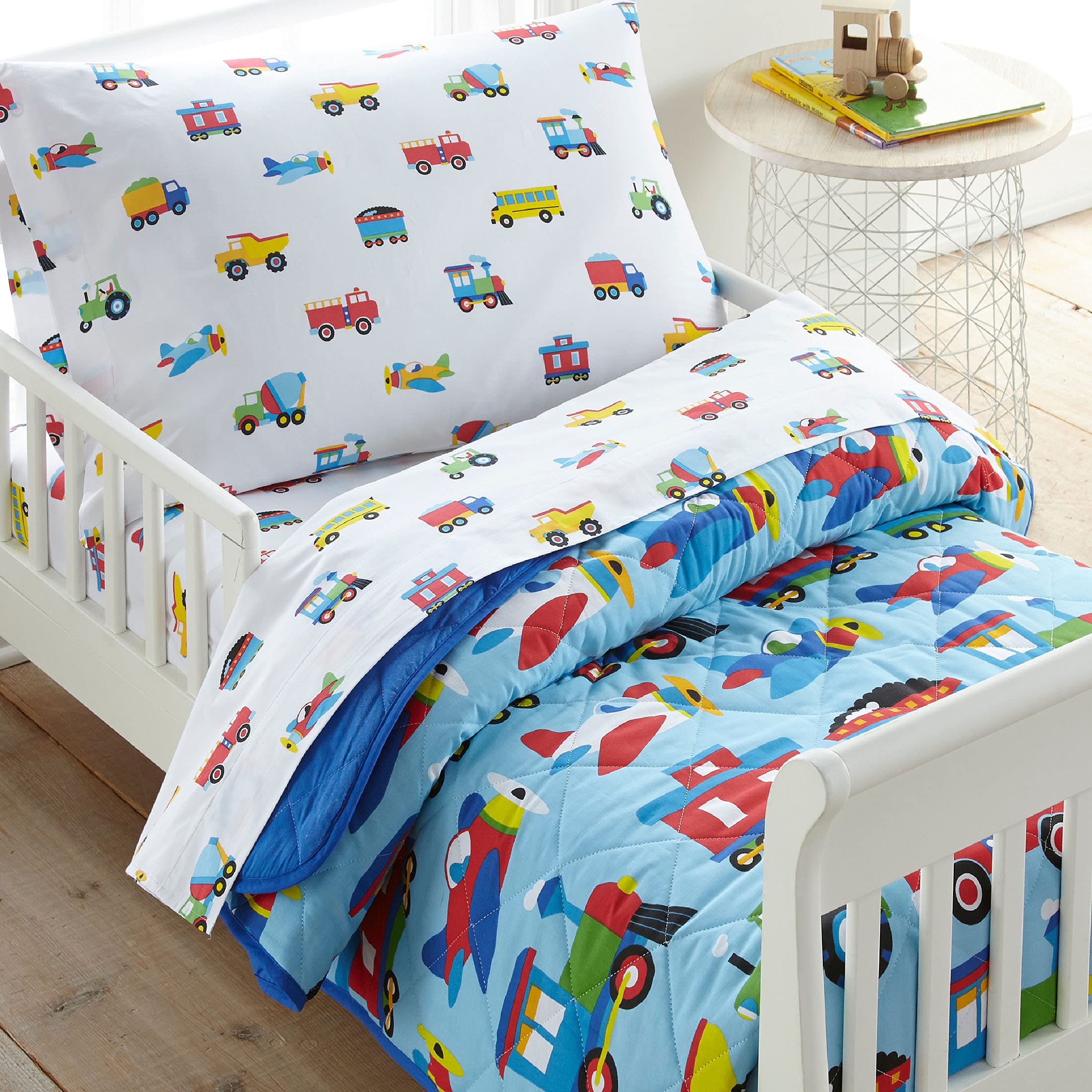 Wildkin 100% Cotton 4 Piece Toddler Bed-in-A-Bag for Boys & Girls, Bedding Set Includes Comforter, Flat Sheet, Fitted Sheet & Pillowcase, Bed Set for Cozy Cuddles (Trains, Planes & Trucks)