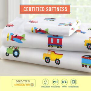 Wildkin 100% Cotton 4 Piece Toddler Bed-in-A-Bag for Boys & Girls, Bedding Set Includes Comforter, Flat Sheet, Fitted Sheet & Pillowcase, Bed Set for Cozy Cuddles (Trains, Planes & Trucks)