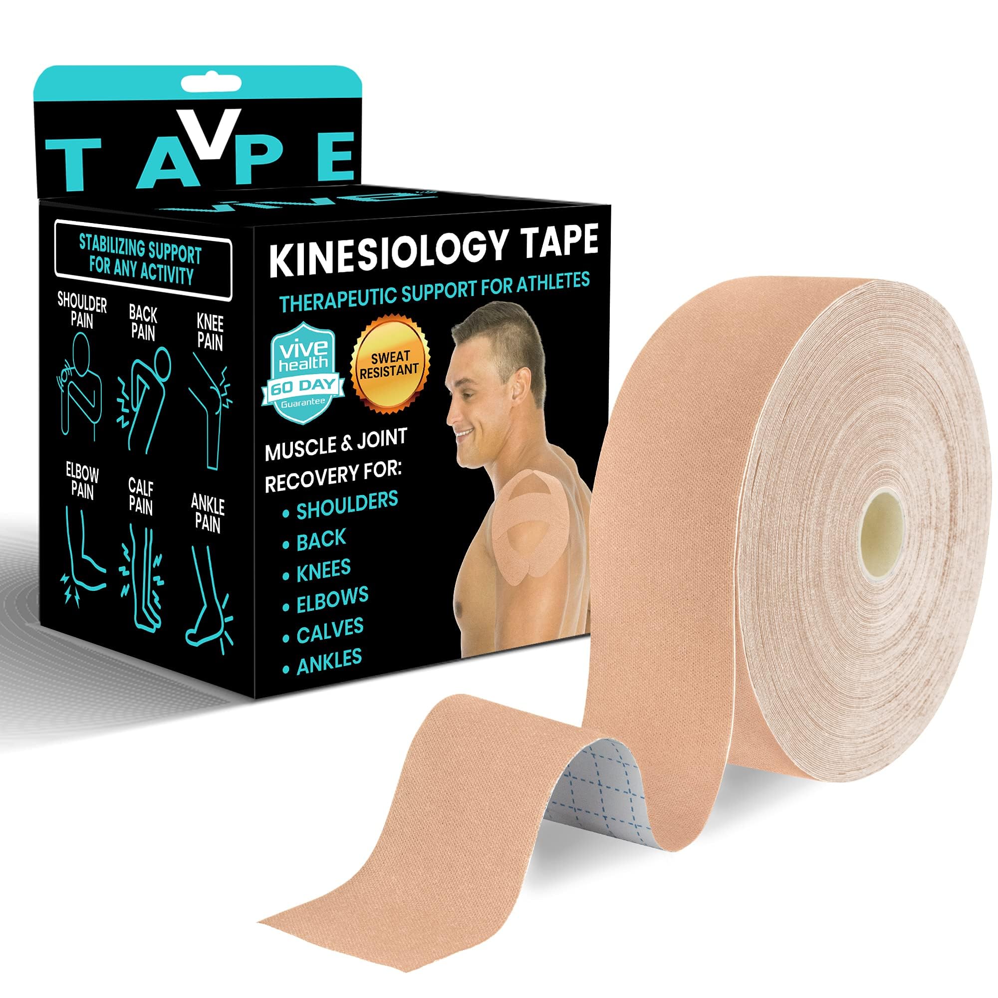 Vive Kinesiology Tape (105 Feet) - Therapeutic Athletic Support Tape - Uncut Kensio Roll - Muscle and Joint Recovery for Shoulder, Back, Knee, Elbow and Ankle Pain Relief - Waterproof for Sports