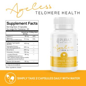 PURAZ Telomere Supplements w/Potent Astragalus Root Extract and Collagen | Superior Immune Support, Anti-Aging, DNA Repair | Pure Telomerase Enzyme for Telomere Lengthening and Support | 60 Capsules