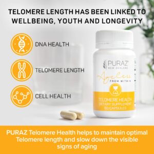 PURAZ Telomere Supplements w/Potent Astragalus Root Extract and Collagen | Superior Immune Support, Anti-Aging, DNA Repair | Pure Telomerase Enzyme for Telomere Lengthening and Support | 60 Capsules