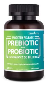 zentastic probiotics & prebiotics supplement - 50 billion cfu - for men & women’s immune & digestive health - 16 strains - shelf stable - 60 delayed release veggie capsules