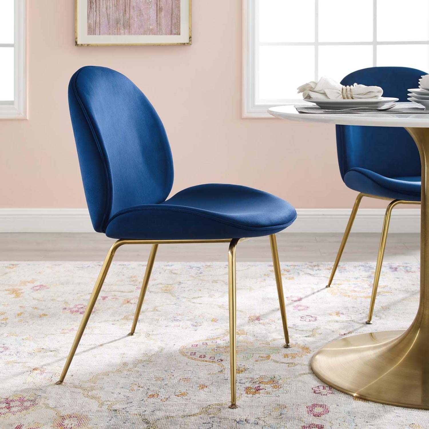 Modway Scoop Performance Velvet Dining Side Chair with Gold Stainless Steel Metal Base in Navy