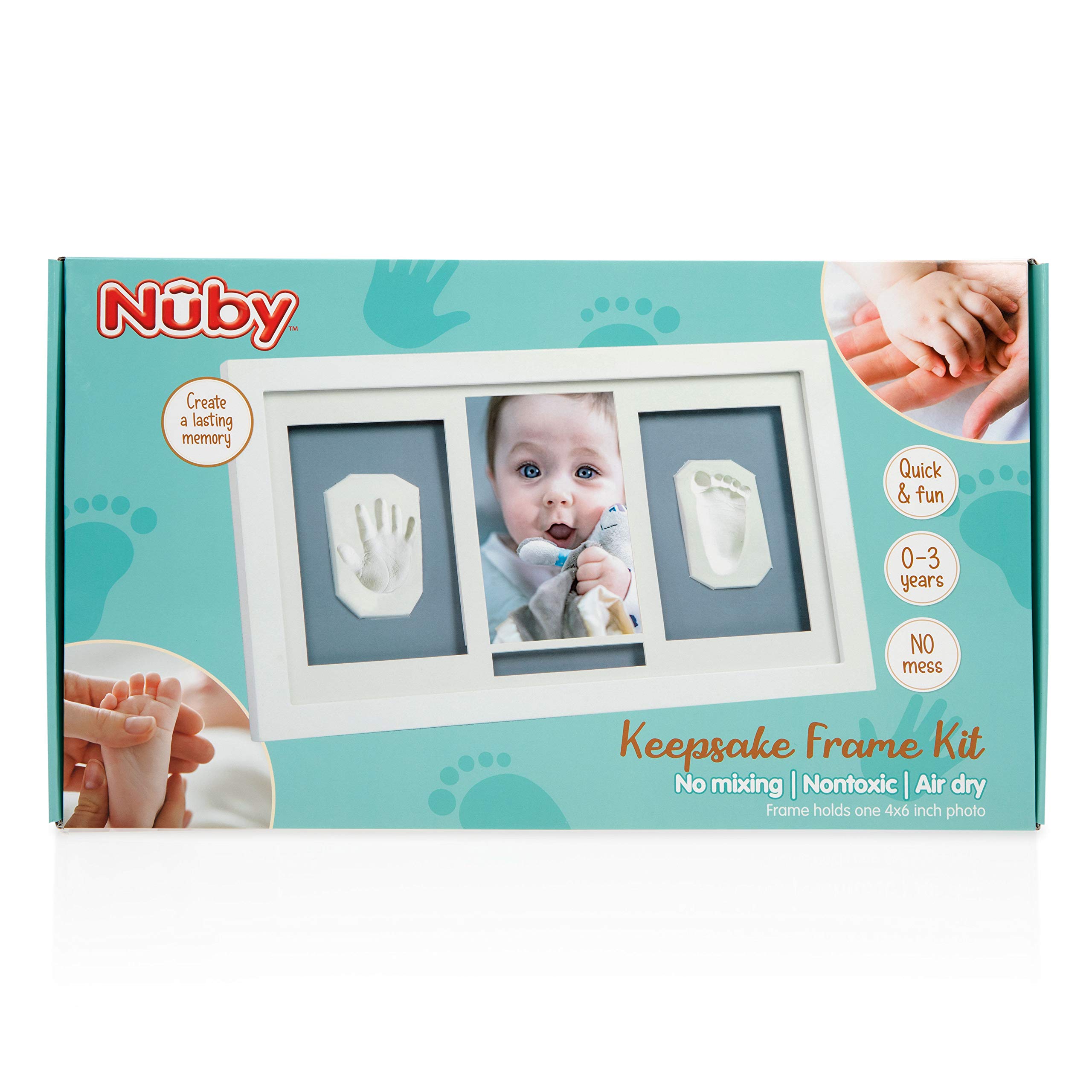 Nuby Baby Hand & Footprint Kit with Wall Decor Frame That Holds One 4 x 6 Photo & 2 Clay Print Kits for Newborn Girls & Boys, Personalized Baby Gift