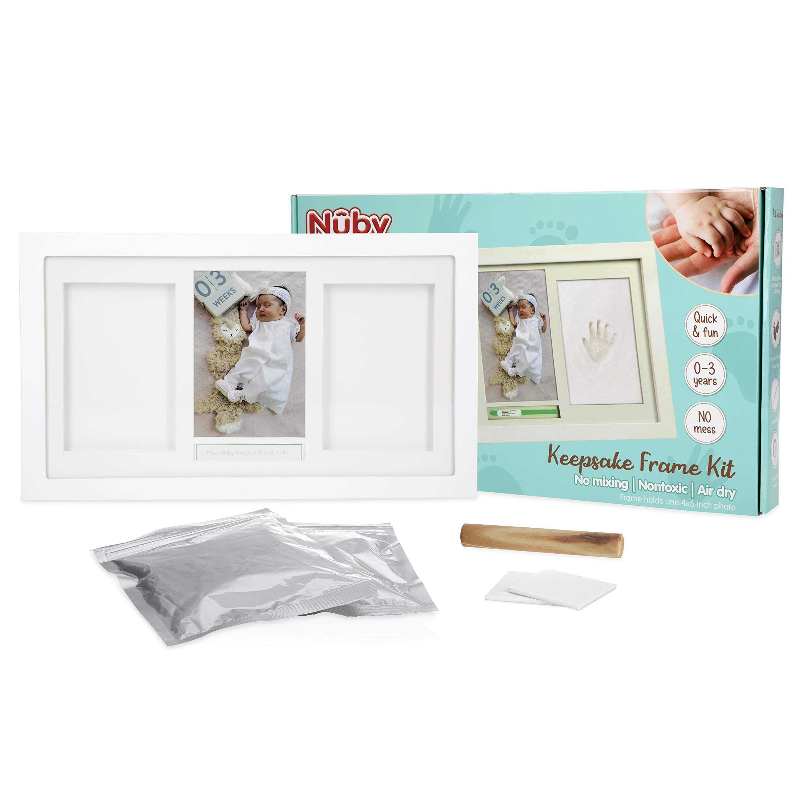 Nuby Baby Hand & Footprint Kit with Wall Decor Frame That Holds One 4 x 6 Photo & 2 Clay Print Kits for Newborn Girls & Boys, Personalized Baby Gift