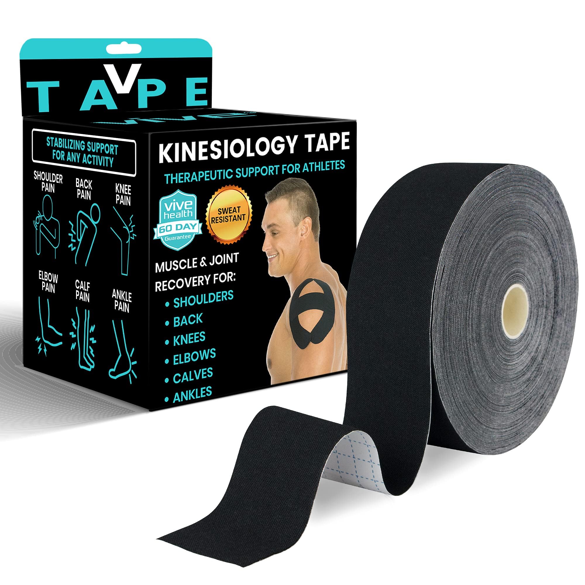 Vive Kinesiology Tape (105 Feet) - Therapeutic Athletic Support Tape - Uncut Kensio Roll - Muscle and Joint Recovery for Shoulder, Back, Knee, Elbow and Ankle Pain Relief - Waterproof for Sports