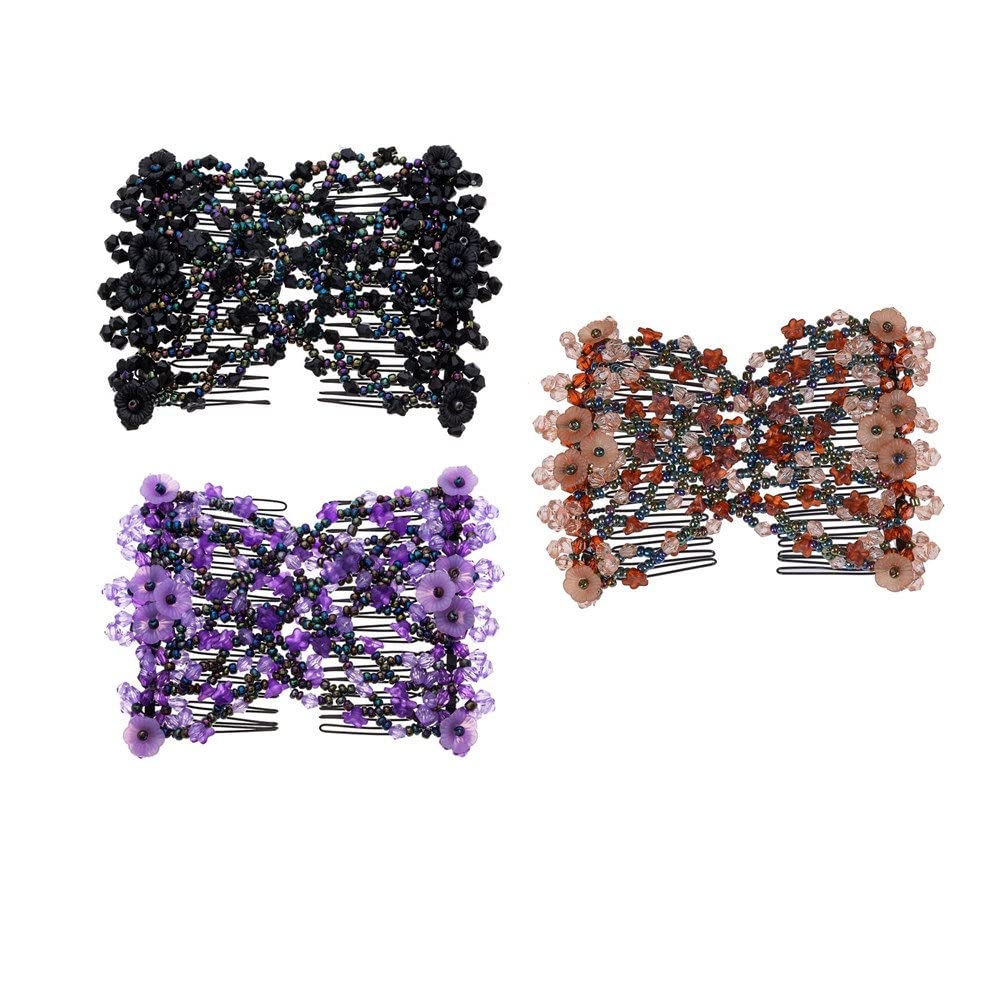 LOVEF 3pcs Magic Beads Elastic Double Hair Comb Clip Stretchy Hair Combs Clips Fashion Hair Style Hairpin Magic Hair Combs Headbands