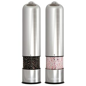 electric salt and pepper grinder set - automatic, refillable, battery operated stainless steel pepper mill and salt grinder with light - one handed push button salt and pepper shakers