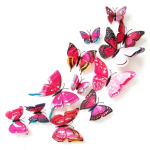 jyphm 24pcs 3d butterfly wall decal double wings removable refrigerator magnets stickers decor for kids room decoration home and bedroom art mural red