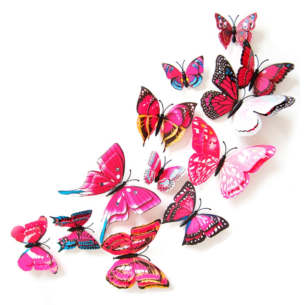 JYPHM 24PCS 3D Butterfly Wall Decal Double Wings Removable Refrigerator Magnets Stickers Decor for Kids Room Decoration Home and Bedroom Art Mural Red