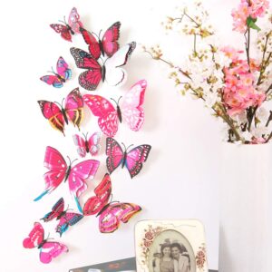 JYPHM 24PCS 3D Butterfly Wall Decal Double Wings Removable Refrigerator Magnets Stickers Decor for Kids Room Decoration Home and Bedroom Art Mural Red