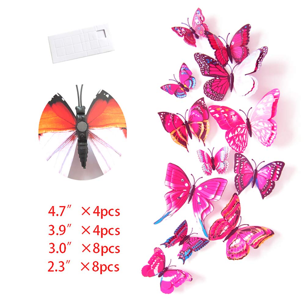 JYPHM 24PCS 3D Butterfly Wall Decal Double Wings Removable Refrigerator Magnets Stickers Decor for Kids Room Decoration Home and Bedroom Art Mural Red