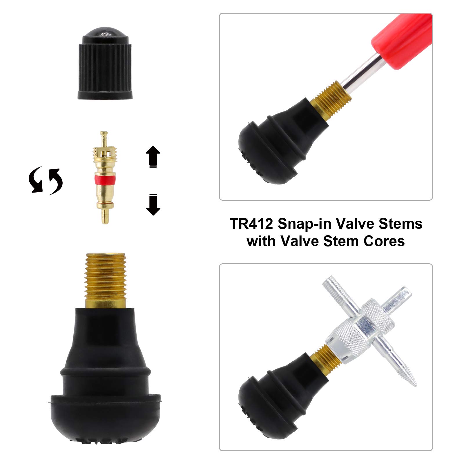 ZHSMS Valve Stem Puller Installer Tool, 10Pcs TR412 Tire Snap in Short Rubber Valve Stem, 4 Way Valve Core Remover, Double Head Tire Valve Core Remover Installer Tool(33 Pcs)