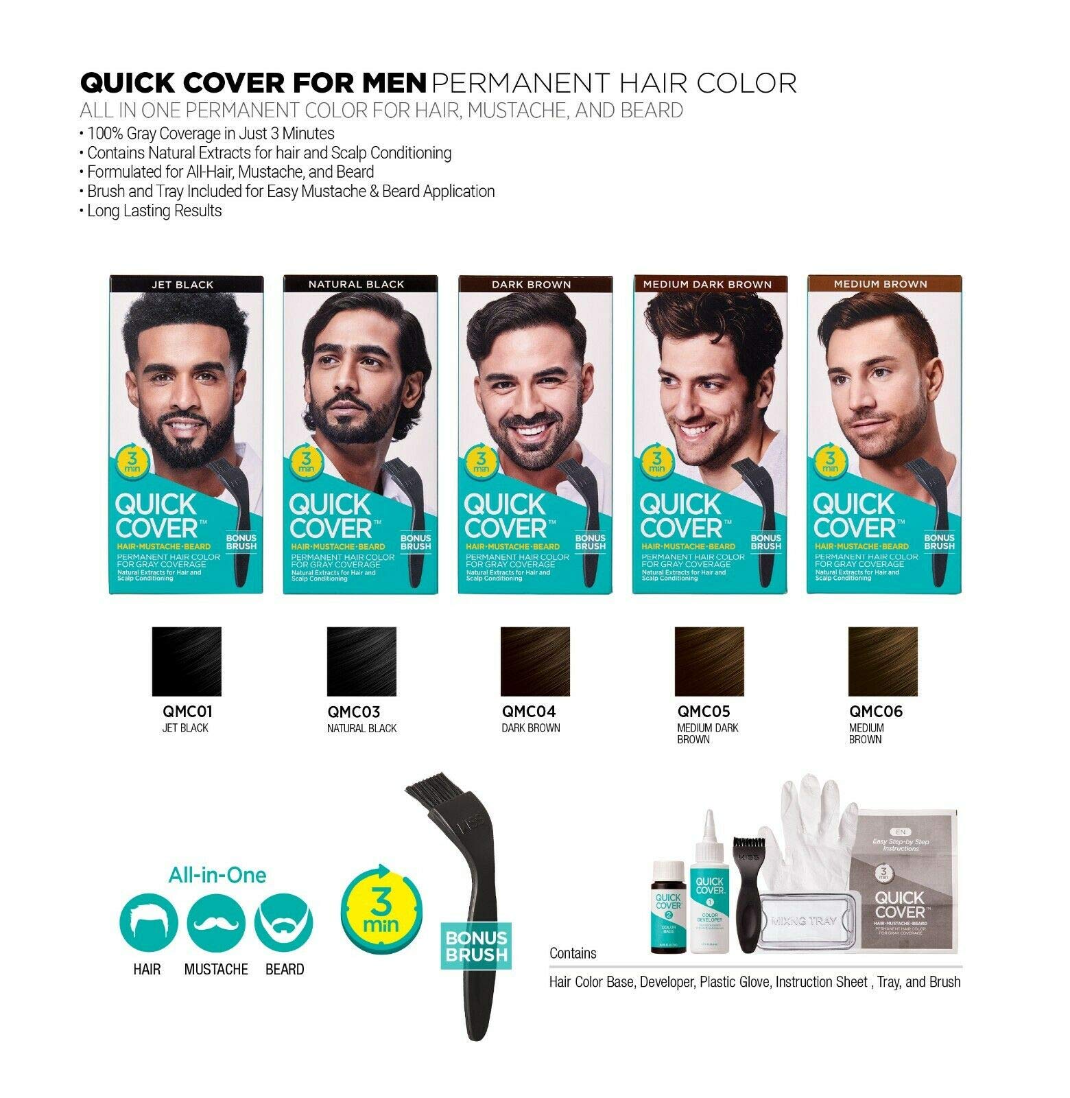 KISS Quick Cover For Men Permanent Hair Color Mustache Beard QMC (Natural Black)