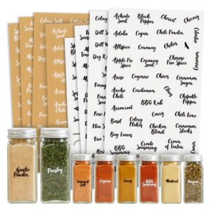 talented kitchen 300 preprinted spice labels, clear spice jar labels for seasoning, herbs, pantry and kitchen spice rack organization, black and white cursive font