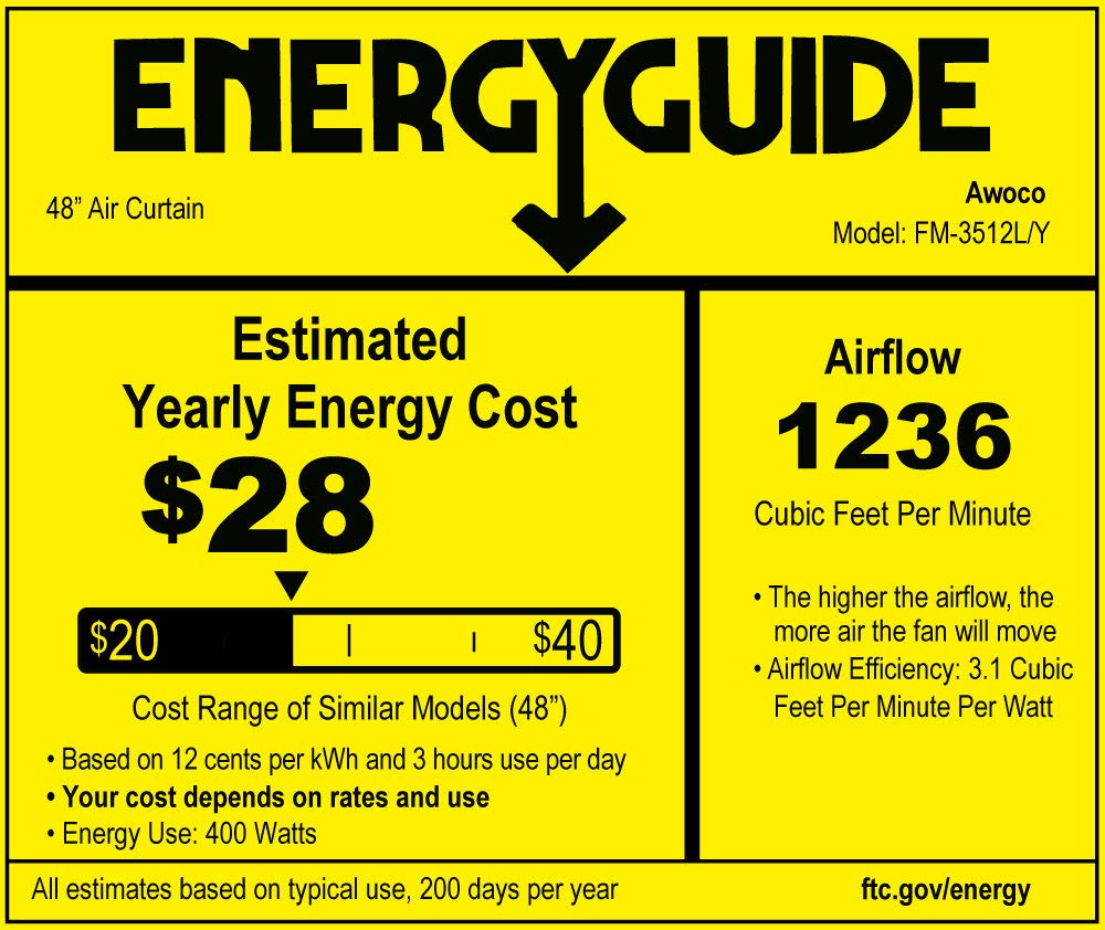 Awoco 48" Elegant 1 Speed 1200 CFM Indoor Air Curtain, 120V Unheated, ETL & UL Certified to Meet NSF 37 Food Service Standard