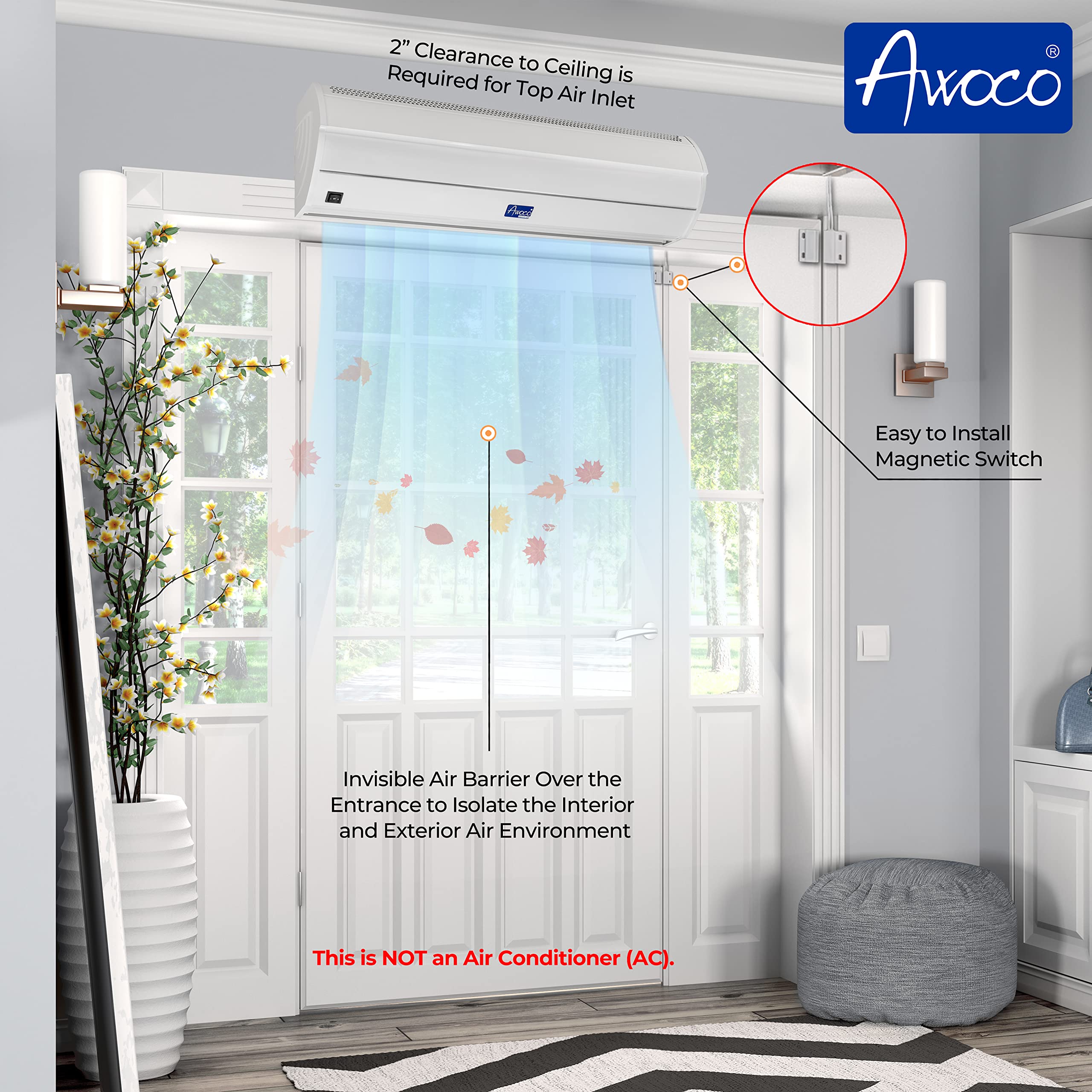 Awoco 48" Elegant 1 Speed 1200 CFM Indoor Air Curtain, 120V Unheated, ETL & UL Certified to Meet NSF 37 Food Service Standard