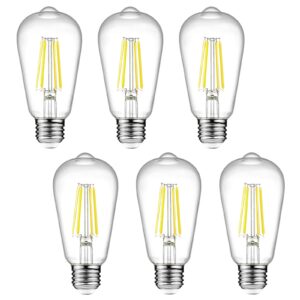 dimmable ascher vintage led edison bulbs, 6w, equivalent 60w, bright daylight white 4000k, 80+ cri, st58 antique led filament bulbs, e26 medium base, clear glass, 6 count (pack of 1