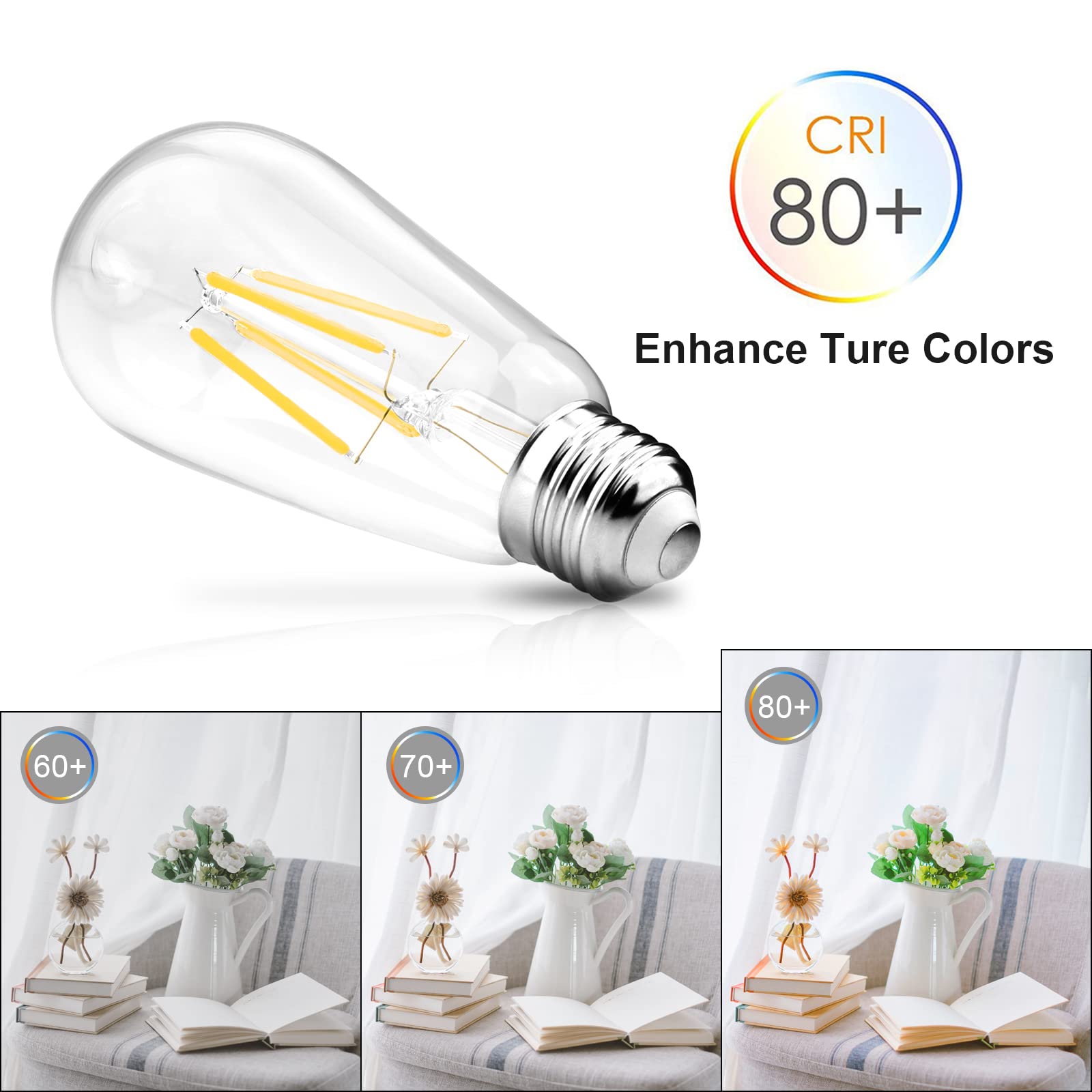 Dimmable Ascher Vintage LED Edison Bulbs, 6W, Equivalent 60W, Bright Daylight White 4000K, 80+ CRI, ST58 Antique LED Filament Bulbs, E26 Medium Base, Clear Glass, 6 Count (Pack of 1