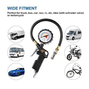 CZC AUTO Tire Inflator Deflator Air Pressure Gauge with Rubber Hose, 2-1/2" Dial Wheel Inflator Gage with Straight Brass Lock-on Chuck Compatible with Air Pump Compressor for RV Car Motorcycle Bike