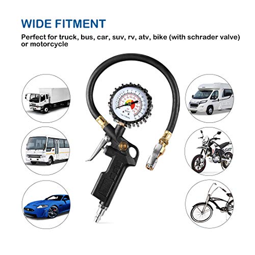 CZC AUTO Tire Inflator Deflator Air Pressure Gauge with Rubber Hose, 2-1/2" Dial Wheel Inflator Gage with Straight Brass Lock-on Chuck Compatible with Air Pump Compressor for RV Car Motorcycle Bike