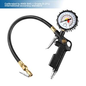 CZC AUTO Tire Inflator Deflator Air Pressure Gauge with Rubber Hose, 2-1/2" Dial Wheel Inflator Gage with Straight Brass Lock-on Chuck Compatible with Air Pump Compressor for RV Car Motorcycle Bike