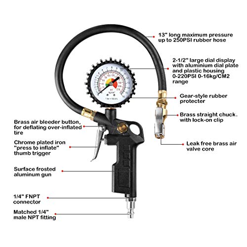 CZC AUTO Tire Inflator Deflator Air Pressure Gauge with Rubber Hose, 2-1/2" Dial Wheel Inflator Gage with Straight Brass Lock-on Chuck Compatible with Air Pump Compressor for RV Car Motorcycle Bike