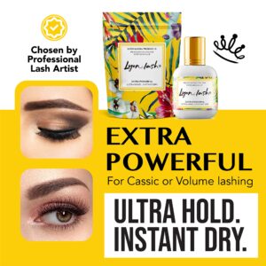 Extra Powerful 10 ml Eyelash Extension Glue - Lyon Lash Performance Glue | 1-2 Sec Dry Time | 6-8 Weeks Retention | Black Adhesive Supplies for Professional Use