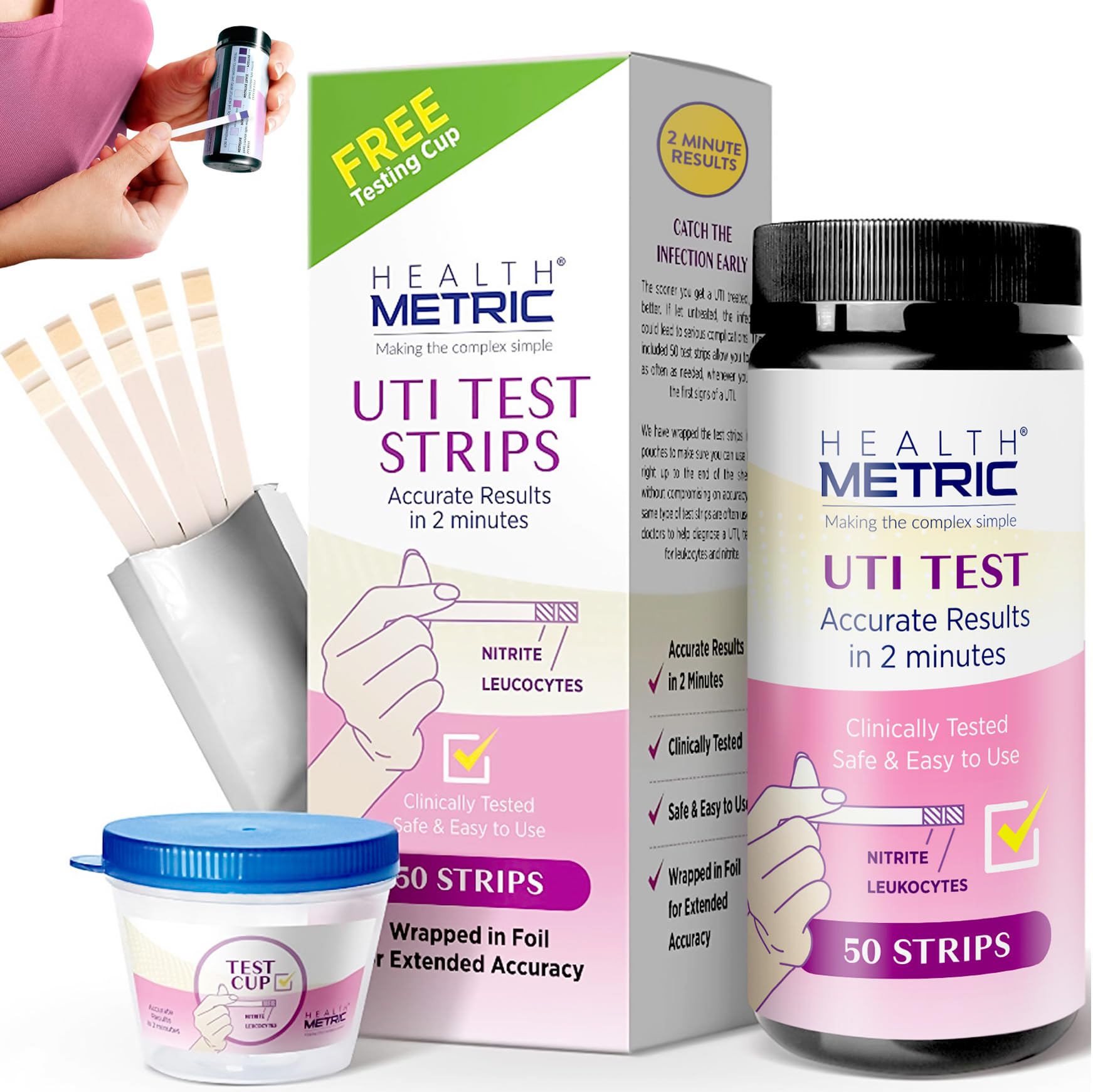 UTI Test Strips for Women & Men - Easy to Use at Home Urinary Tract Infection Testing Kit | Clinically Tested Urine Dipsticks | Foil-Wrapped for Extended Lifetime | 50 Strips