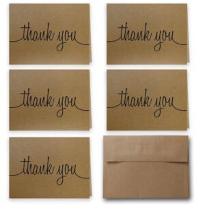 100% recycled thank you cards with envelopes - kraft brown bag - 40 pack - great for graduations, baby showers, events, gifts, notecards, and more! made in the u.s.a. (script thank you)