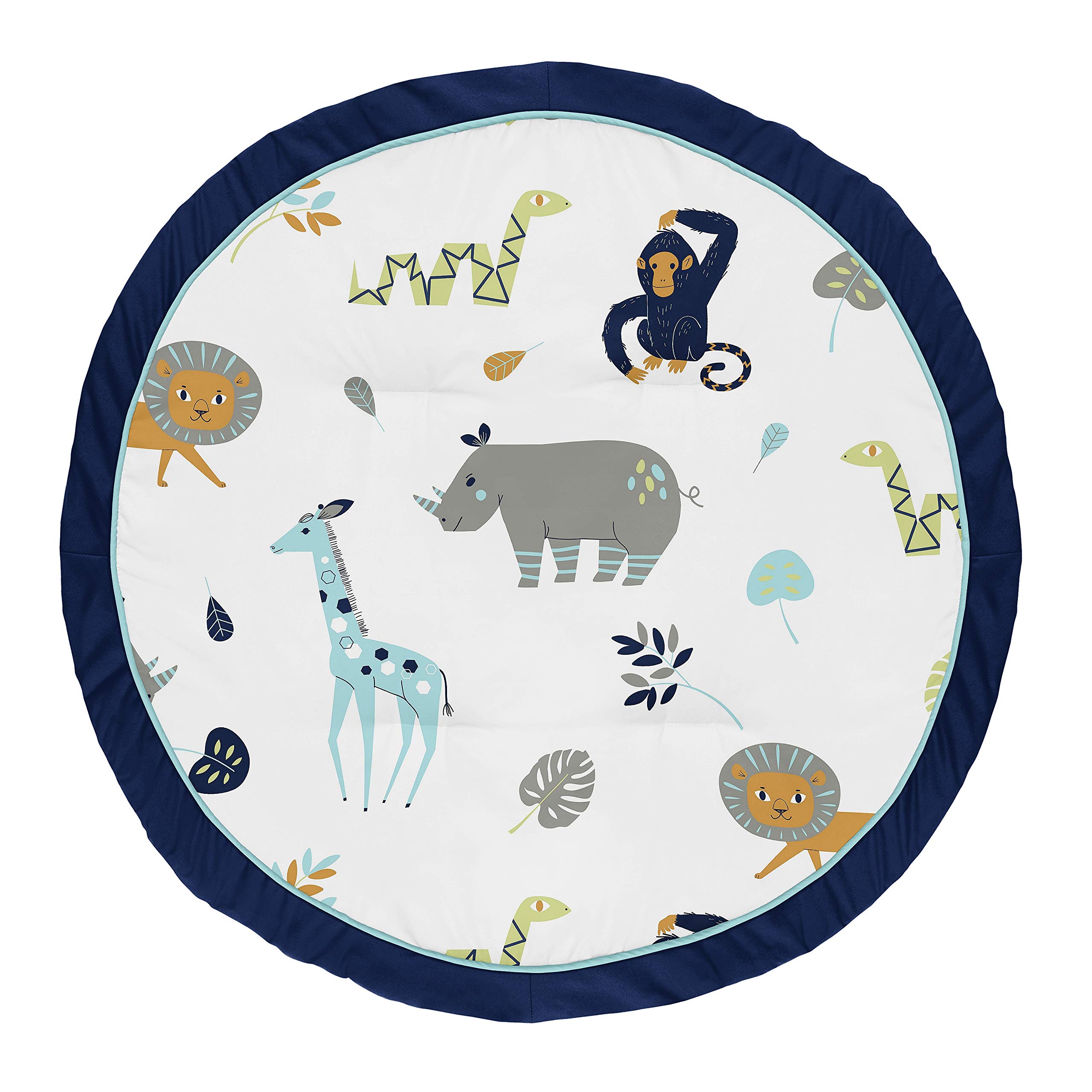 Sweet Jojo Designs Turquoise and Navy Blue Safari Animal Playmat Tummy Time Baby and Infant Play Mat for Mod Jungle Collection