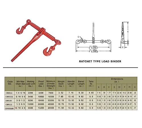 Mytee Products (4 Pack) 3/8"-1/2" Heavy Duty Ratchet Lever Load Binder w/Grab Hooks 9,200 Lbs Working Load Limit - Red | Tie Down Hauling Chain Binders for Flatbed Truck Trailer