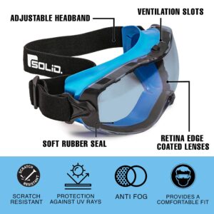 SolidWork Safety Goggles Anti-Fog Clear Lens with Adjustable Elastic Headband. Protective Eyewear for Men & Women (Tinted Blue)