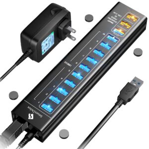 smartdelux powered usb hub - usb 3.0 ports hub with 3 smart charging ports, power adapter, long cord, leds (13-port usb hub)