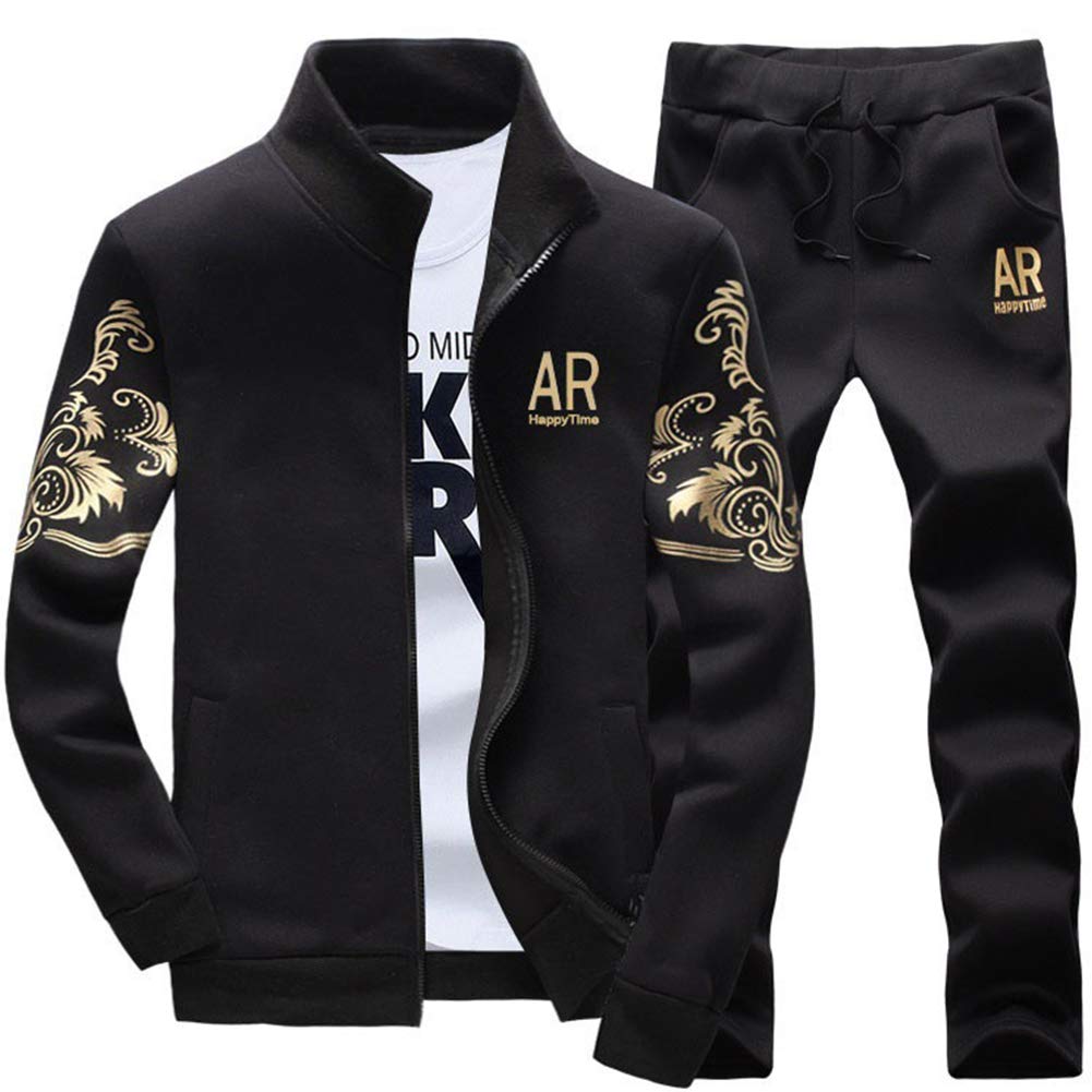 AOTORR Men's Casual Sweat Suit Set Full Zip Tracksuit Jogging Running Sportswear Black M