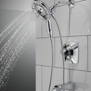 Delta Faucet Vesna 14 Series Single-Handle Shower Trim Kit with 5-Spray H2Okinetic In2ition Dual Hand Held Shower Head with Hose, Chrome 144789-I (Valve Included)