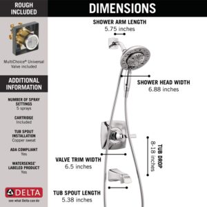 Delta Faucet Vesna 14 Series Single-Handle Shower Trim Kit with 5-Spray H2Okinetic In2ition Dual Hand Held Shower Head with Hose, Chrome 144789-I (Valve Included)