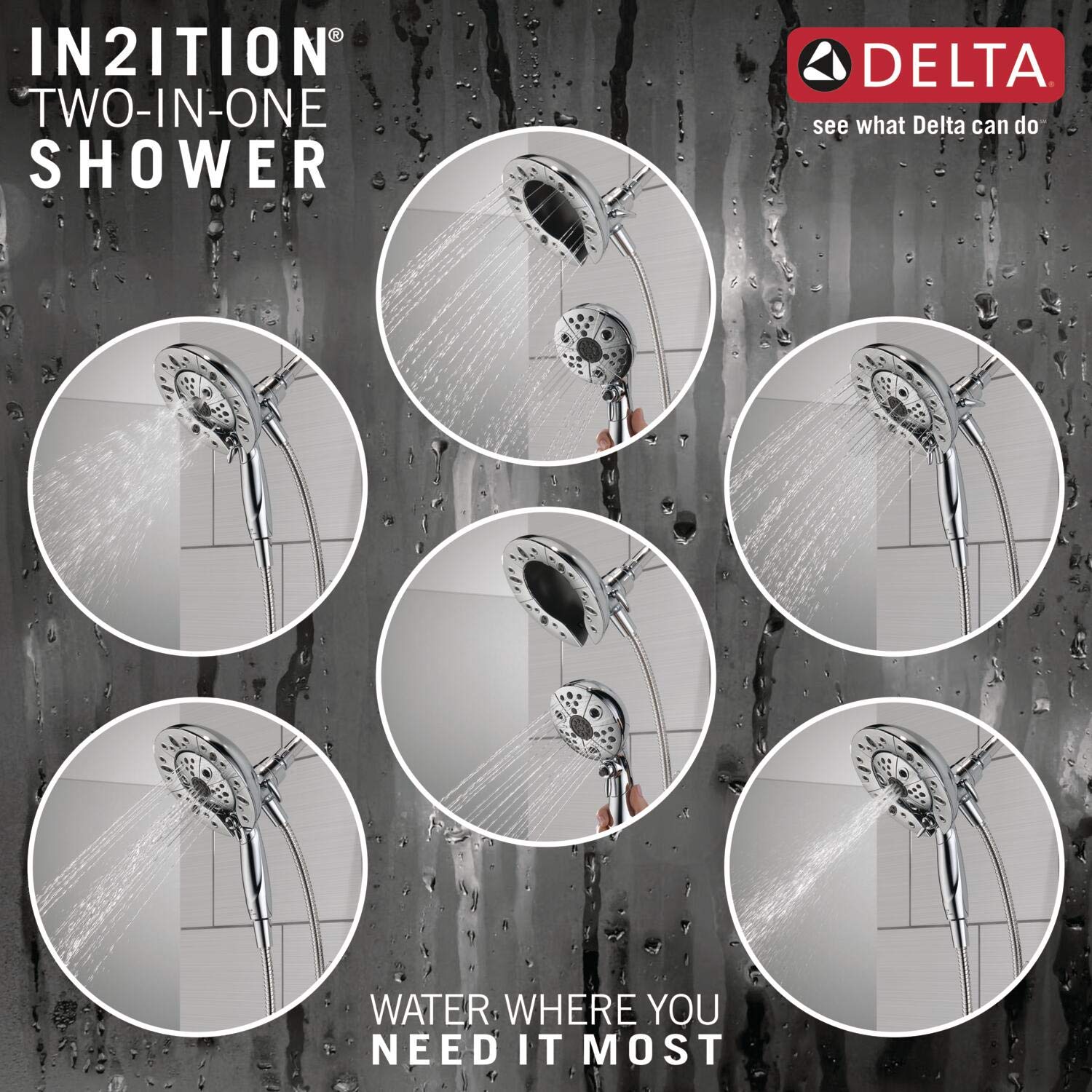 Delta Faucet Vesna 14 Series Single-Handle Shower Trim Kit with 5-Spray H2Okinetic In2ition Dual Hand Held Shower Head with Hose, Chrome 144789-I (Valve Included)