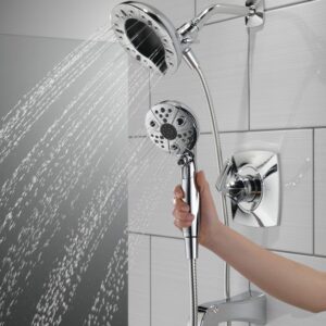 Delta Faucet Vesna 14 Series Single-Handle Shower Trim Kit with 5-Spray H2Okinetic In2ition Dual Hand Held Shower Head with Hose, Chrome 144789-I (Valve Included)