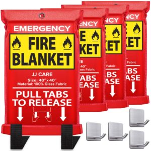 jj care fire blanket – 4 packs with hooks – emergency fire blanket for home & kitchen, high heat resistant fire suppression blankets for home safety, kitchen, and camping