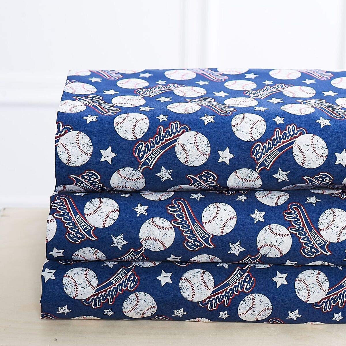 Elegant Home Blue White Red Baseball League Sports Design 4 Piece Printed Sheet Set with Pillowcases Flat Fitted Sheet for Boys/Kids/Teens # Baseball (Twin Size)