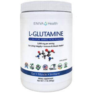 eniva health l-glutamine pure powder, unflavored (101 servings) | vegan, gluten-free, sugar-free, non-gmo | doctor-formulated, usa made | gut health, leaky gut, bloating, muscle health, immune system