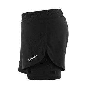 LIXADA Women's Running Shorts 2-in-1 Double Layer Elastic Waistband Workout Fitness Active Yoga Jogging Athletic Black