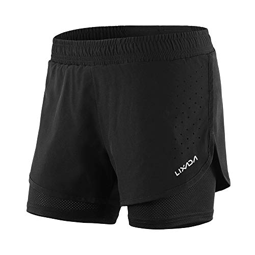 LIXADA Women's Running Shorts 2-in-1 Double Layer Elastic Waistband Workout Fitness Active Yoga Jogging Athletic Black