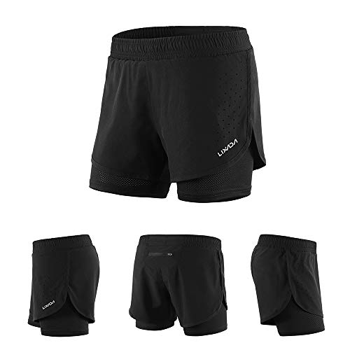 LIXADA Women's Running Shorts 2-in-1 Double Layer Elastic Waistband Workout Fitness Active Yoga Jogging Athletic Black