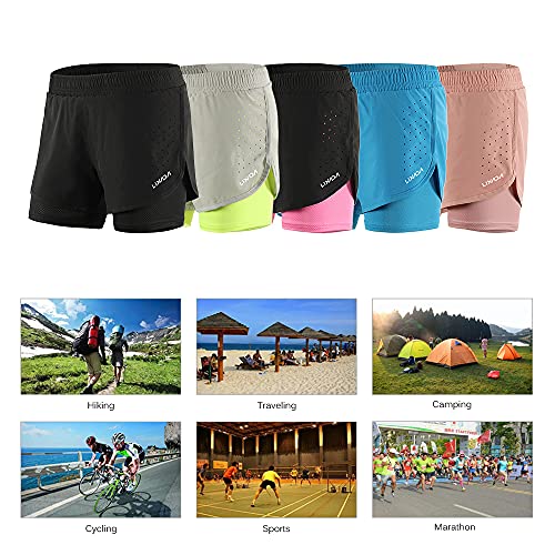 LIXADA Women's Running Shorts 2-in-1 Double Layer Elastic Waistband Workout Fitness Active Yoga Jogging Athletic Black