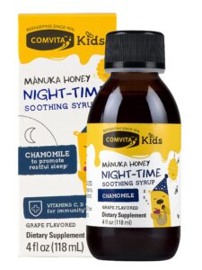 comvita kids nighttime soothing natural syrup, umf 10+ manuka honey, vitamin c, d & zinc, chamomile extract, grape flavor 4 oz