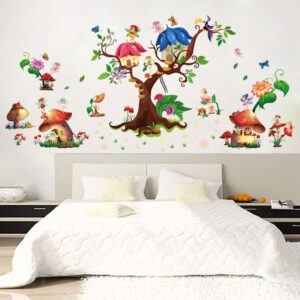 ufengke Fairy Garden Wall Stickers Tree Mushroom House Wall Decals Mural for Girls Bedroom Nursery Living Room