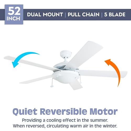 Prominence Home Bolivar, 52 Inch Modern LED Ceiling Fan with Light, Pull Chain, Dual Mounting Options, Dual Finish Blades, Reversible Motor - 80101-01 (White)