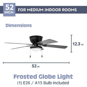 Prominence Home Benton, 52 Inch Traditional Flush Mount Indoor LED Ceiling Fan with Light, Pull Chains, Dual Finish Blades, Reversible Motor - 50853-01 (Matte Black)